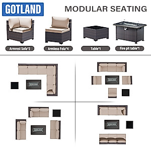 Gotland 8 Piece Outdoor Patio Furniture Set with Gas Fire Pit Table, Sectional Sofa w/43in Propane Fire Pit, 55,000 BTU Auto-Ignition Firepit w/Glass Wind Guard