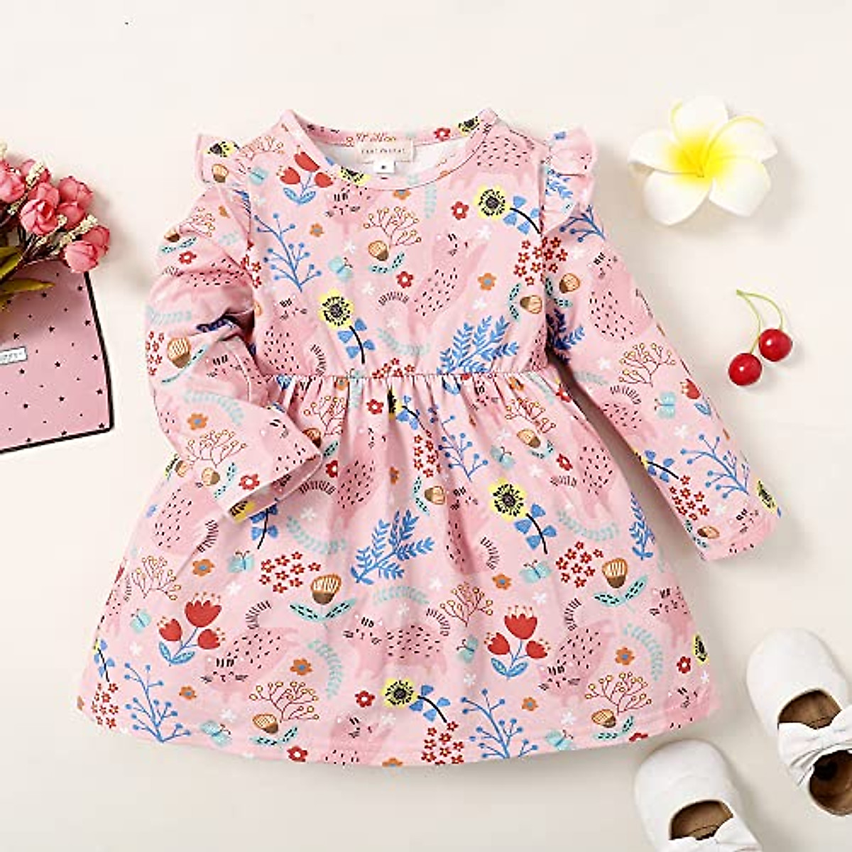 Toddler Girl Floral Cat Pink Dress Long Sleeve Baby Girl Cotton Fall Outfit(Cat/4T)