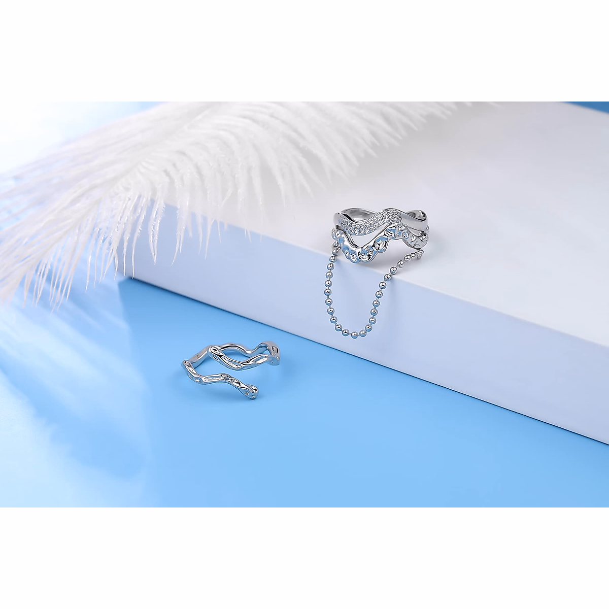 Gbinitail 4Pcs Nature-Inspired Adjustable Silver Ring Set - Platinum-Plated Stackable Rings with Zirconia, Pearl, Twig & Chain Details for a Unique Aesthetic, Size 5.5-7.5