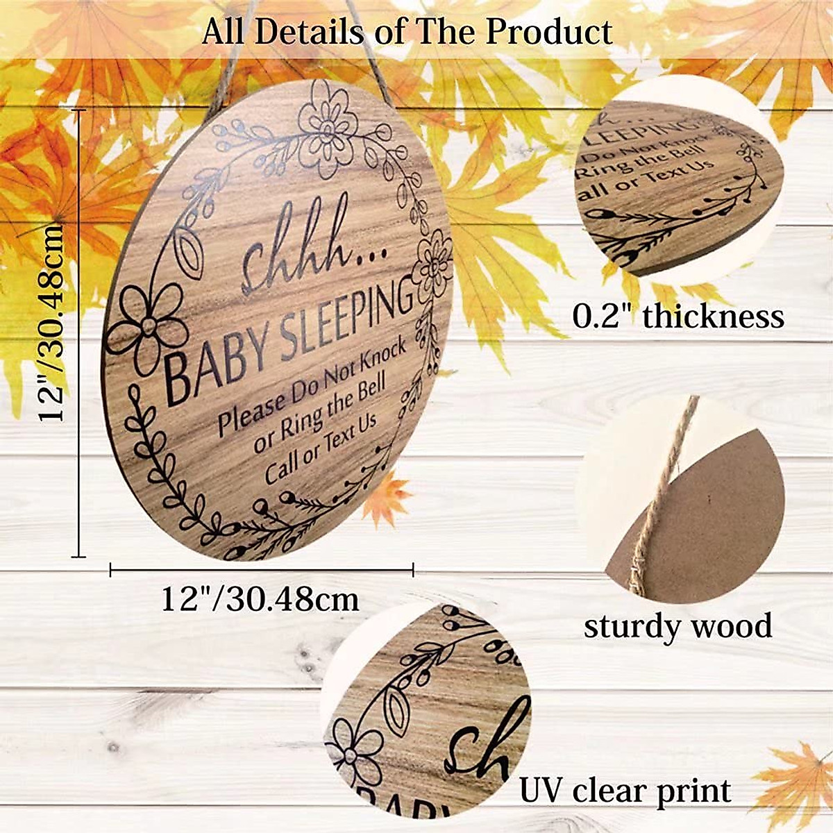 Rustic Baby Sleeping Hanging Sign Plaque, Do Not Knock Or Ring The Bell, Round Sturdy Wooden Door Hanger for Baby Room, Nursery, Kindergarten, Bedroom, Door Knob Decor