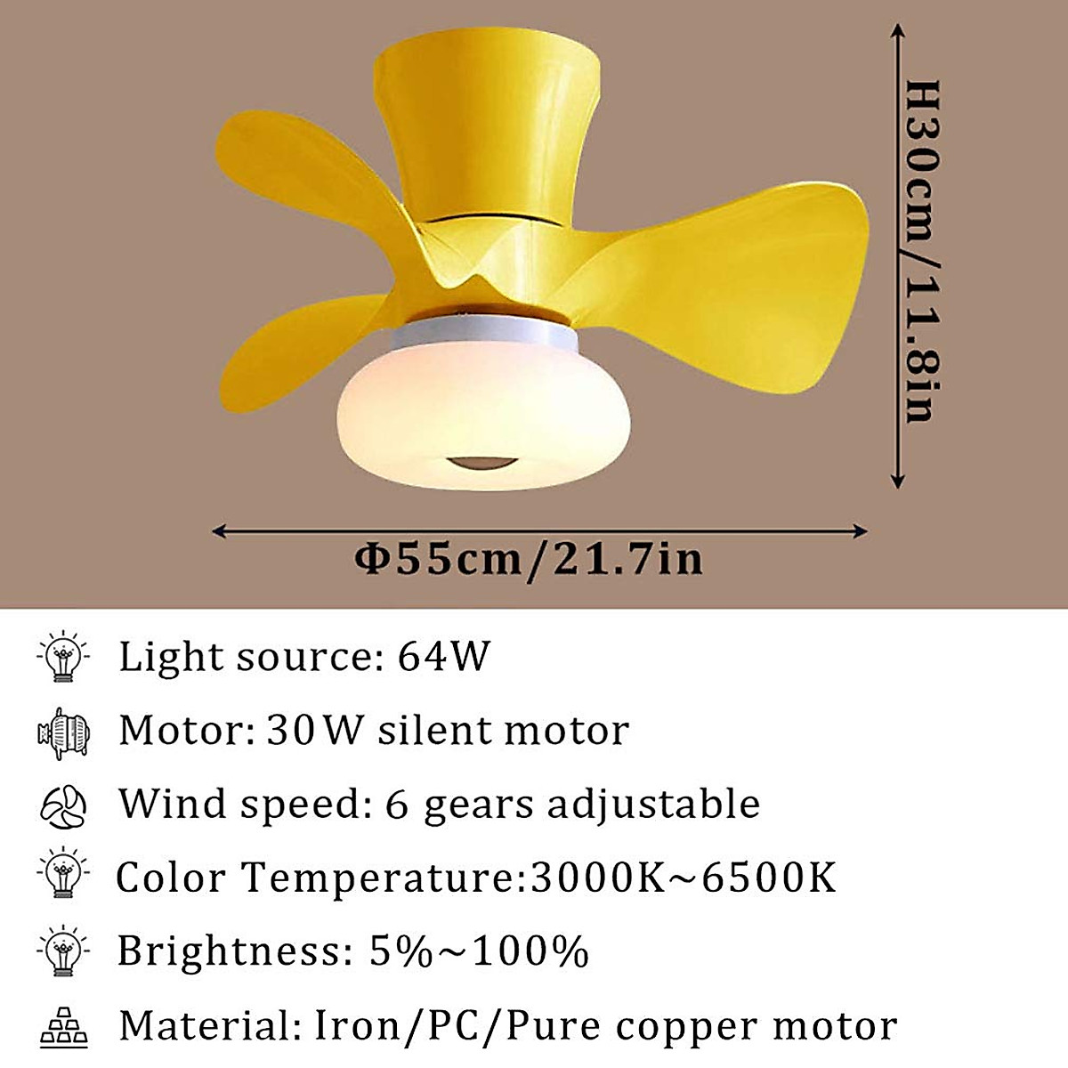 YUEGOO Kids Bedroom Ceiling Fan with Light Reversible with Remote Control 6 Speeds Led Dimmable Fan Ceiling Light 64W with Timer Modern Quiet Ceiling Fan Light