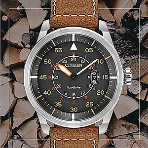 Citizen Men's Eco-Drive Weekender Avion Field Watch in Stainless Steel with Brown Leather strap, Grey Dial (Model: AW1361-10H)