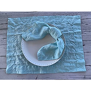Eight Owls Stonewashed Linen Placemats – 15” x 20”– Set of 4-100% Pure Linen Cloth - Mitered Corners – 2" Hem – Coast (Aqua Lagoon)