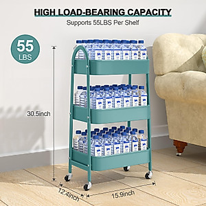 EAGMAK 3 Tier Utility Rolling Cart, Metal Storage Cart with Handle and Lockable Wheels, Multifunctional Storage Organizer Trolley with Mesh Baskets for Kitchen, Living Room, Office, Garage (Green)