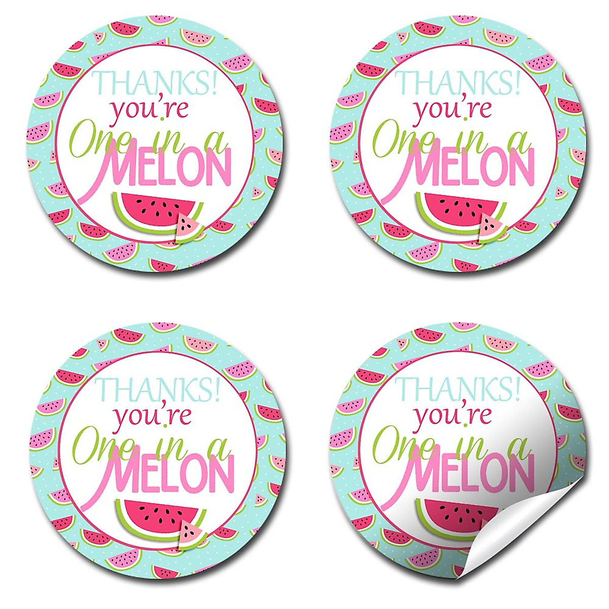 One in A Melon Thank You Sticker Labels, 40 2" Party Circle Stickers by AmandaCreation, Great for Party Favors, Envelope Seals & Goodie Bags
