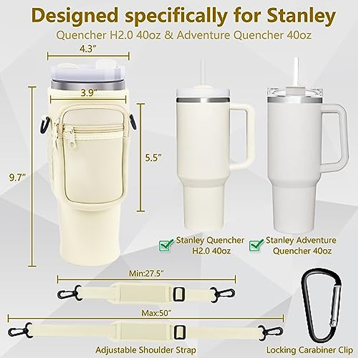UQM Water Bottle Carrier Bag for Stanley 40 Oz Tumbler with Handle, Water Bottle Holder with Adjustable Shoulder Strap, Stanley Cup Accessories for Hiking Travelling Camping (Cream)