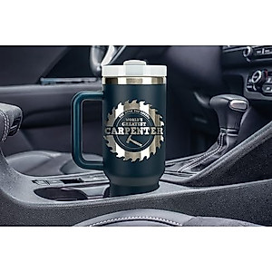 100 North | 40 oz Stainless Steel Double Wall Insulated Travel Tumbler With Handle, Straw, and Lid, World's Greatest Carpenter Navy Blue