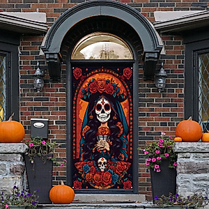 Day of The Dead Door Cover Dia De Los Muertos Backdrop Sugar Skull Rose Altar Mexican Fiesta Party Decorations and Supplies for Home