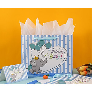 U'COVER 13" Welcome Baby Boy Girl Gift Bags for Baby Shower Medium Size with Ribbon Handles Cute Elephant Balloon Kraft Paper Bag with Tissue Paper Greeting Card 13 X 4.7 X 10 inch