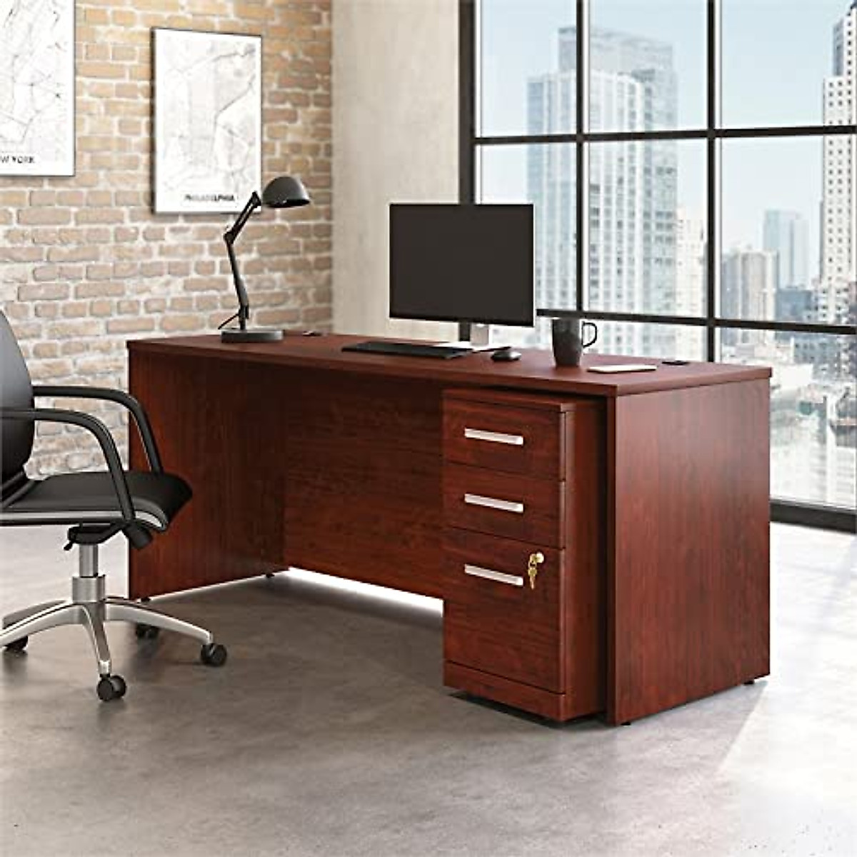 OfficeWorks by Sauder Affirm 72 X 24 Shl 3 Drawer Pedestal Ste, L: 71.10" x W: 23.47" x H: 29.29", Classic Cherry Finish