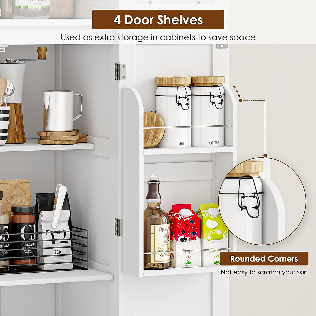 BOTLOG Tall Kitchen Pantry, 67-Inch High Freestanding Tall Cupboard Storage Cabinet with Glass Doors and Shelves, Modern Food Pantry Cabinet Cupboard White for Kitchen, Dining Room, Home bar