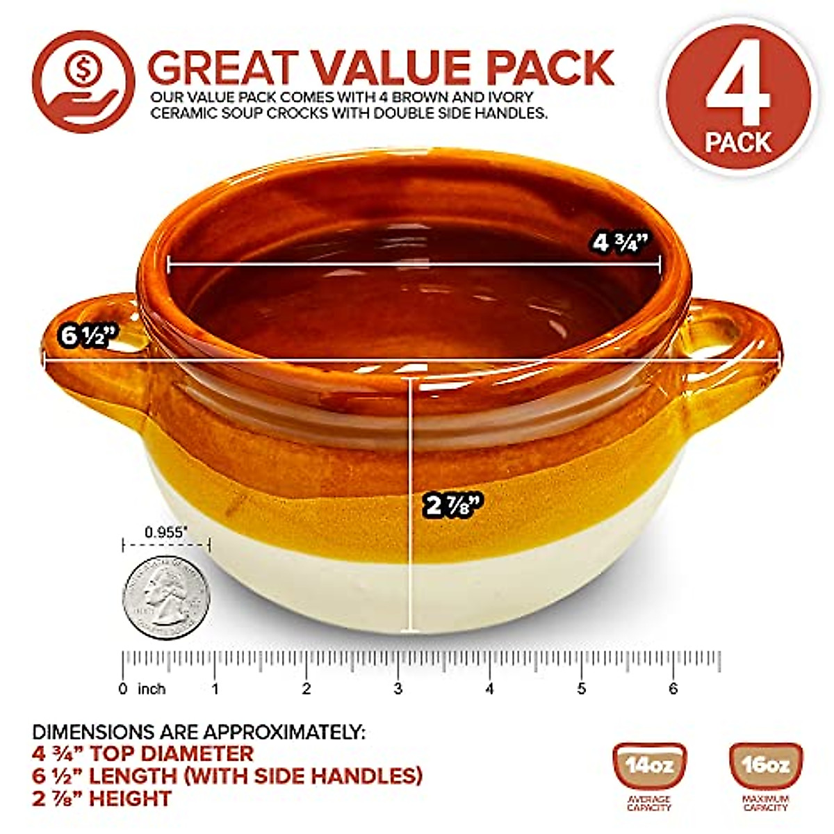 Stock Your Home 16 oz French Onion Soup Crock (4 Pack) - Two Tone Brown & Ivory Porcelain Soup Bowls with Handles -Microwave and Dishwasher Safe Crocks