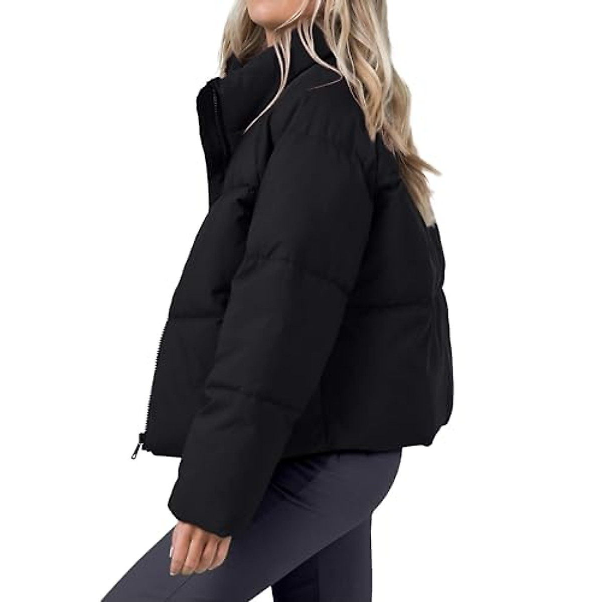 Womens Winter Puffer Jacket Cropped Long Sleeve Zip Up Baggy Short Down Coats with Pockets Black M