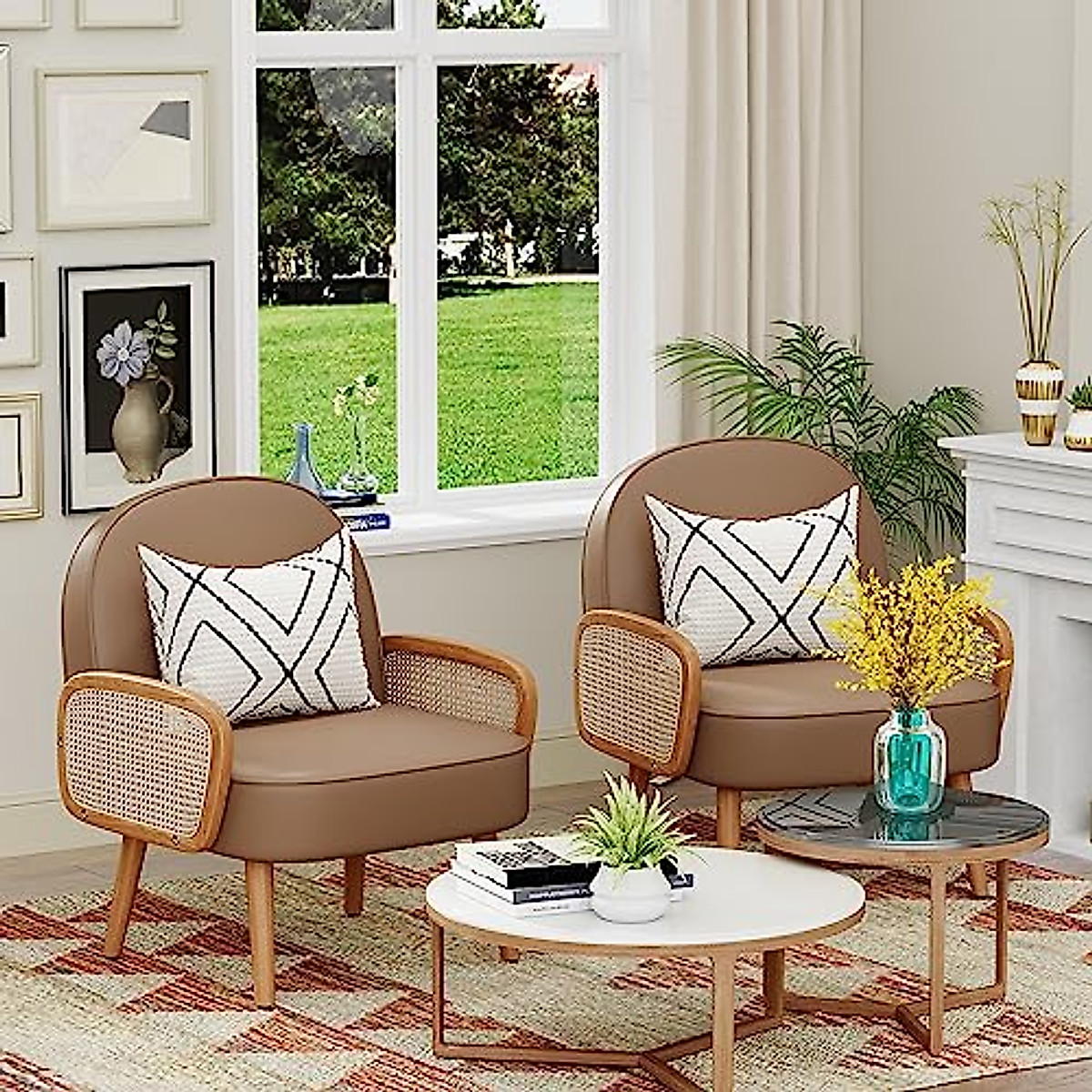 Aklaus Mid Century Modern Accent Chair Armchair with Rattan Arms Upholstered Rattan Boho Accent Chair for Living Room Bedroom Balcony Faux Leather Reading Chairs Side Club Chair Brown