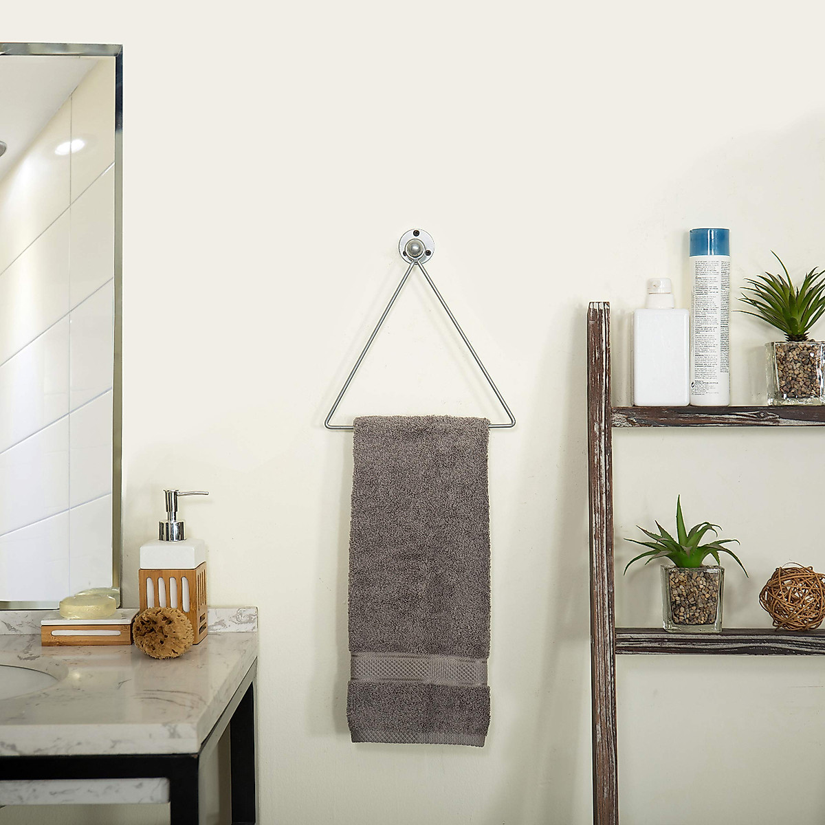 MyGift Wall Mounted Modern Silver Metal Triangular Hand Towel Ring Holder for Bathroom with Easy to Hang Mount