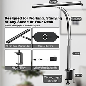 Airlonv LED Desk Lamp for Office Home, Eye-Caring Desk Light with Stepless Dimming Adjustable Flexible Gooseneck, 10W USB Adapter Desk Lamp with Clamp for Reading, Study, Workbench (Black)