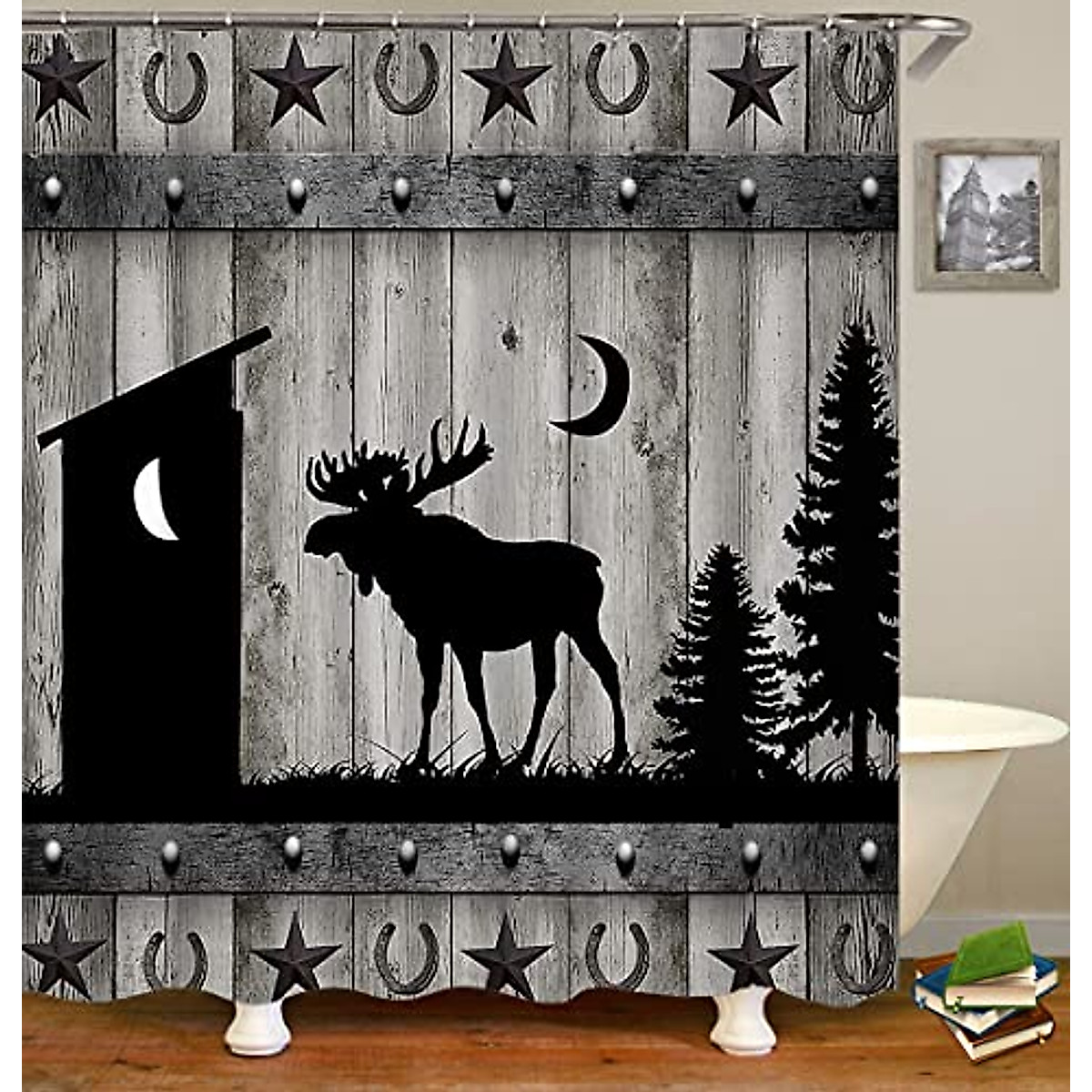 Camille&Andrew 4PCS/Set Rustic Deer Shower Curtain, Black Outhouse Pine Tree Moon Western Texas Star Horseshoe Wildlife Hunting Cabin Grey Barn Door Farmhouse Bathroom Decor, Non-slip Bath Rugs, Moose