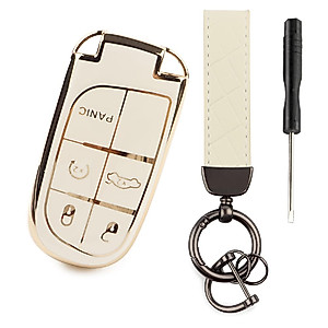 Compatible with Jeep Key Fob Cover with Keychain Grand Cherokee Renegade Chrysler Dodge RAM Journey Dart Fiat Smart Key 3 4 5 Buttons Holder - Premium Protection Car Key Case Shell, Anti-dust, White
