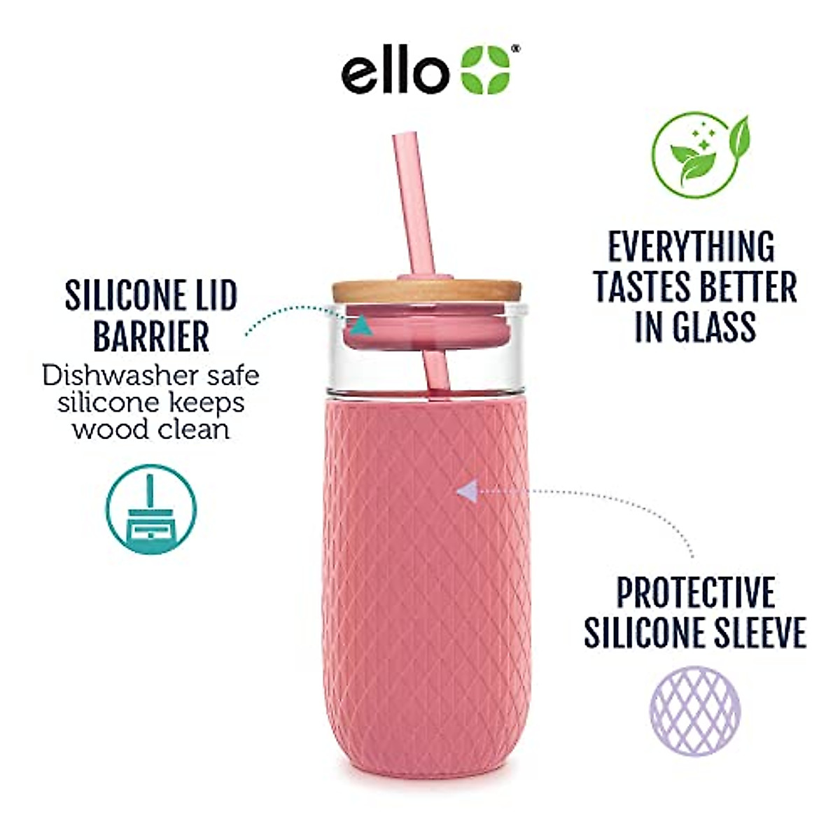Ello Devon Glass Tumbler with Splash Proof Wooden Lid and Straw, Protective No Sweat Silicone Sleeve, Perfect for Smoothies and Iced Coffee, BPA Free, Dishwasher Safe, Multicolor, 18oz