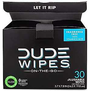 DUDE Wipes On-The-Go Flushable Wet Wipes - 2 Pack, 60 Wipes - Unscented Extra-Large Individually Wrapped Wipes with Vitamin E & Aloe - Septic and Sewer Safe