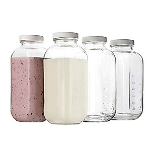 kitchentoolz 32oz Square Glass Milk Bottle with Plastic Airtight Lids, Reusable Dairy Drinking Containers for Refrigerator with Measurement Marks, Yogurt, Smoothies, Kombucha, Water- 4 Pack