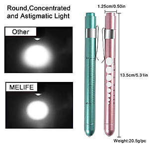MELIFE Pen Light with Pupil Gauge, White Light Premium Copper Reusable LED Penlights for Doctors Medical Nursing Students etc, Pink and Green