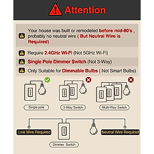 GHome Smart Dimmer Switch Work with Alexa Google Home, Single Pole 2.4GHz Wi-Fi Switch for Dimmable LED CFL INC Light Bulbs, Neutral Wire Required, UL Certified, No Hub Required, 4Pack