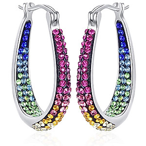 Savlano 14K White Gold Plated Inside Out Crystal Hoop Earrings For Women (Rainbow)