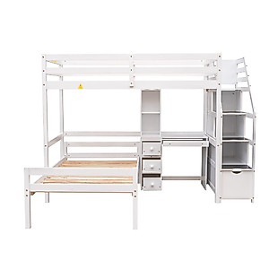Harper & Bright Designs Twin Size Loft Bed with Stairs, Wood Twin Storage Loft Bed with Desk,Shelves and Drawers,Loft Bed Twin with a Removable Bottom Bed for Kids Girls Boys, White