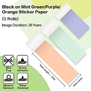 Phomemo Colorful Thermal Sticker Paper M02/M02 Pro/M02S/M03 Mini Printer, Black Character on Mint Green/Purple/Orange, 50mm x 3.5m, Diameter 30mm, 3 Rolls