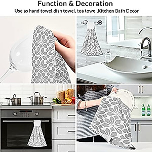Grey White Geometry Floral Leaves Hanging Kitchen Towel 12 x 17 Inch Gray Spring Flowers Hand Tie Towels Set 2 Pcs Tea Bar Dish Cloths Dry Towel Soft Absorbent Durable for Bathroom Laundry Room Decor