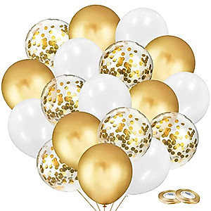 90Pcs Gold White Confetti Balloons, 12 Inches Gold Metallic Chrome Balloon, Premium Clear Confetti Balloons, Thicken Gold Glitter White Matte Latex Party Balloons for Balloon Garland Arch