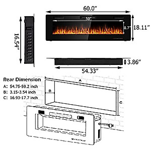 Tangkula 60 Inches Recessed Electric Fireplace, in-Wall & Wall Mounted Electric Heater with Adjustable Flame Color & Speed, Remote Control, Touch Screen, 750-1500W (60 Inches)