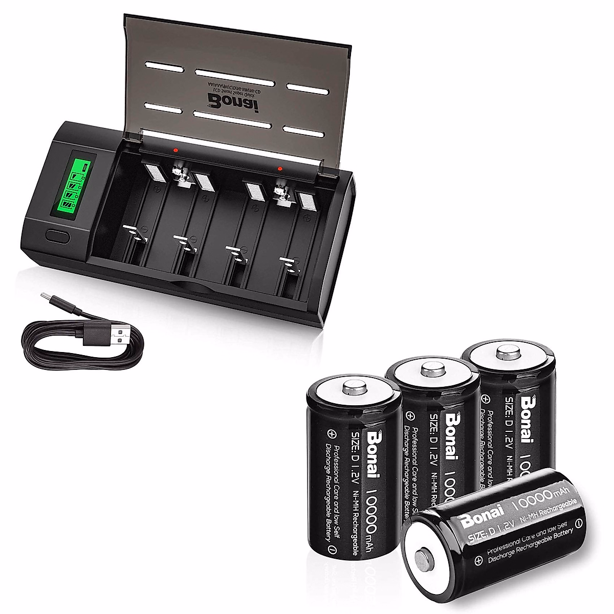 BONAI LCD Universal Battery Charger for AA, AAA, C, D, 9V Ni-MH Ni-CD Rechargeable Batteries with Rechargeable D Cells 10,000mAh 1.2V Ni-MH High Capacity High Rate D Size Battery (4-Counts)