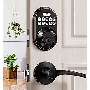 Keyless Entry Door Lock with 2 Lever Handles - Veise Electronic Keypad Deadbolt, Auto Lock, Back Lit & Easy Installation Design, Front Door Handle Sets, Oil Rubbed Bronze