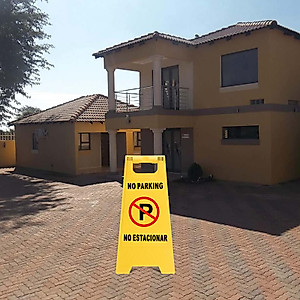 ANZEKE Two-Sided Fold-Out No Parking Signs, 2Pack Yellow Portable Outdoor Folding Floor Sign, Bilingual Self Standing & Easy to Read Plastic Board for Restaurants and Businesses