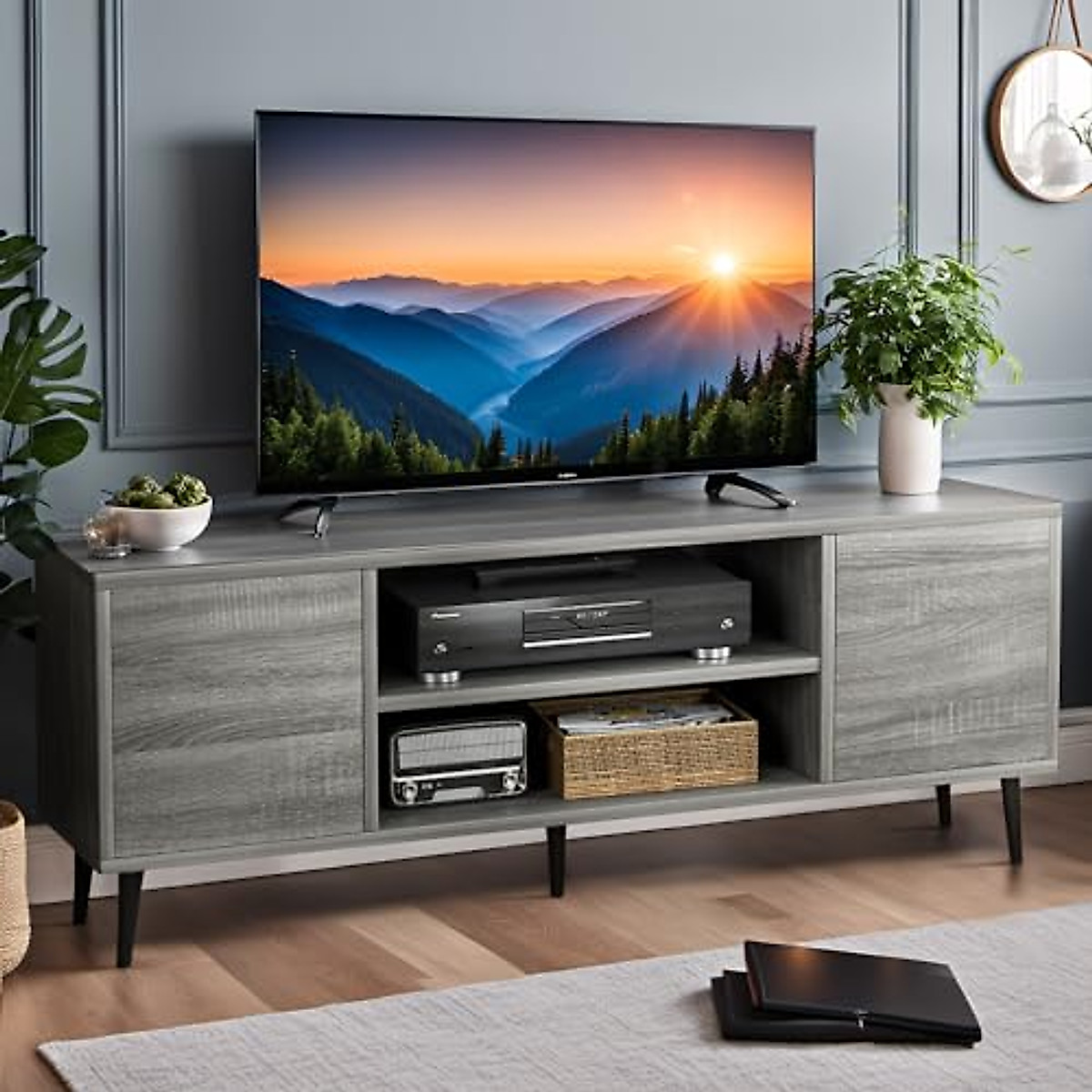 YESHOMY Modern TV Stand for 65" Television, Entertainment Center with Two Storage Cabinets, Retro Style Media Console for Living Room, Bedroom, Office, 58 Inch, Light Gray
