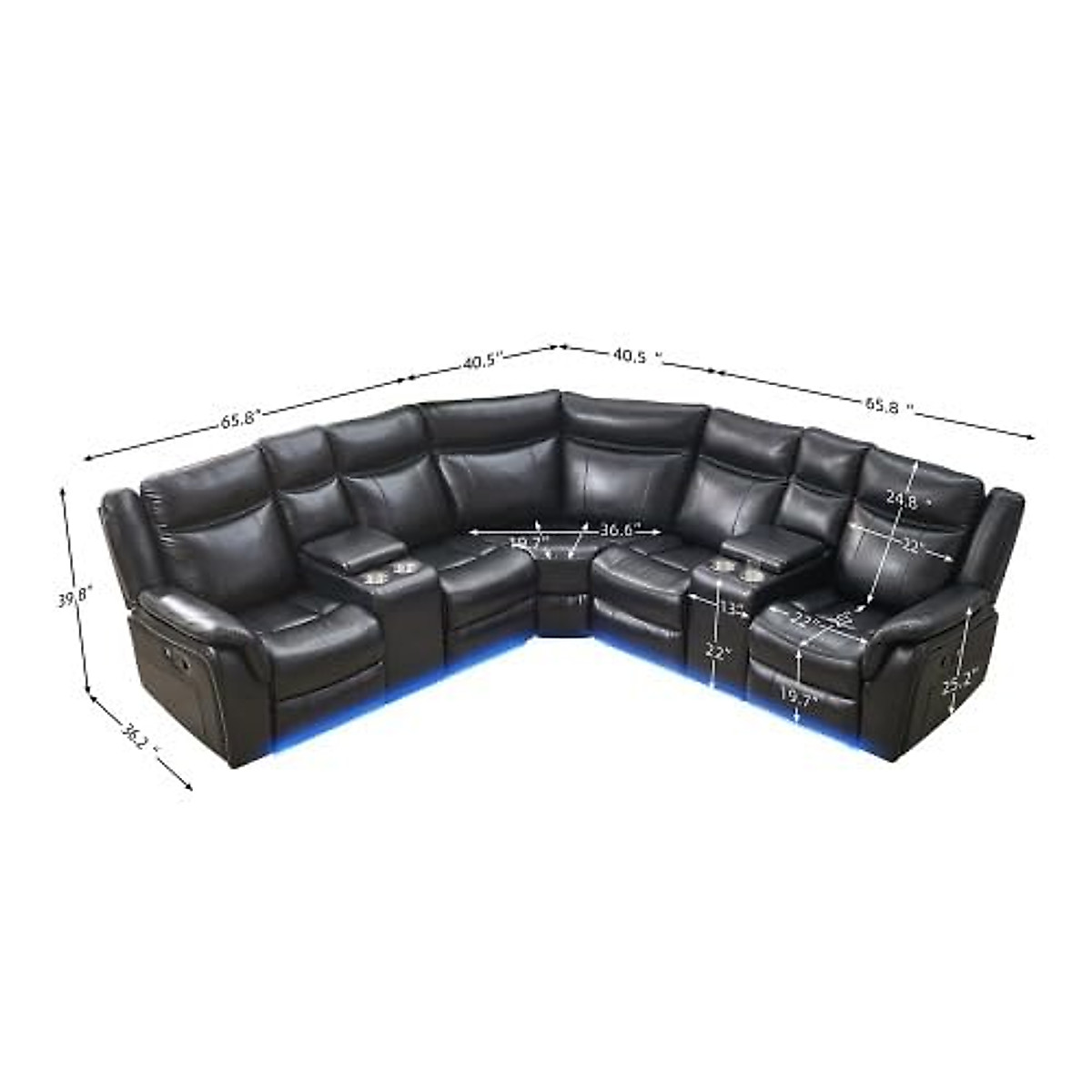 Verfur Faxu Leather Reclining Sectional Consoles and 4 Cupholders,Maunal Motion LED Stripes,Symmetrical Corner Sofa & Couches Curve Home Theater Furniture, Black