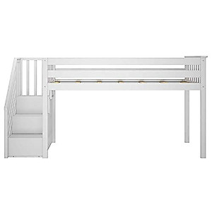 Max & Lily Low Loft Bed, Twin Bed Frame For Kids With Stairs, White