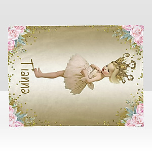 XOZOTY Personalized Golden Hat Girl Pink Flowers Golden Baby Blanket with Name Custom Baby Nursery Throw Fleece Blankets for Boys and Girls Birthday Tapestry 30 X 40inch