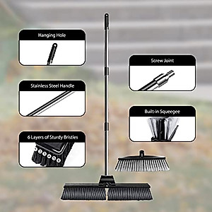 ZNM Push Broom Outdoor 24.8 inch Heavy Duty Broom with Stiff Bristles & 56.7" Long Handle, Garage Brooms for Sweeping Shop, Deck, Yard, Patio, Garden, Concrete Floor, 2 Brush Heads