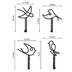 MyGift Wall Mounted Matte Black Metal Coat Hooks with Wire Frame Stenciled Birds, Hanging Storage Key and Hat Rack, Set of 4