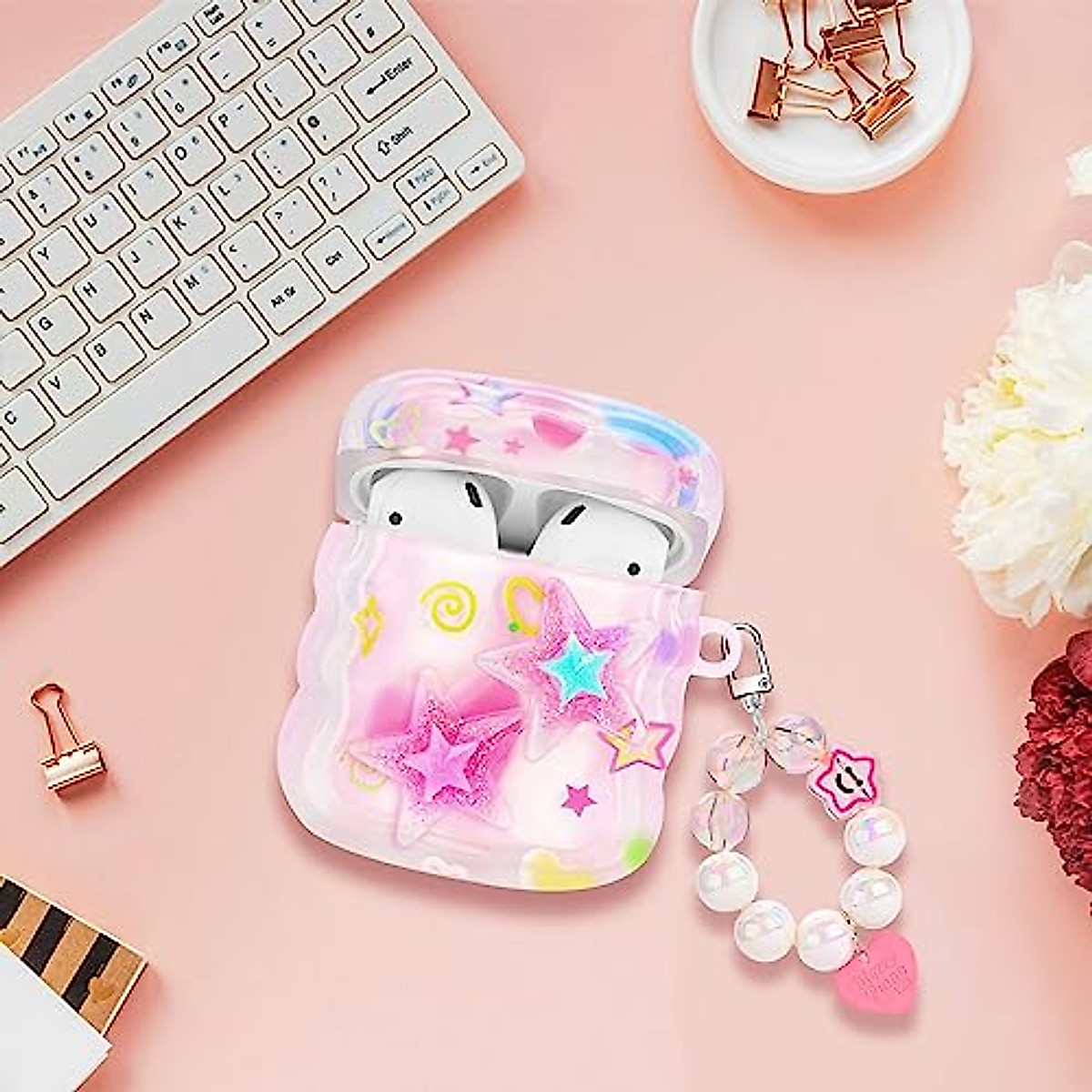 Mainrenka Cute Star Airpod Case with Keychain Aesthetic Kawaii Airpods 2nd/1st Generation Case Cover for Women Girl