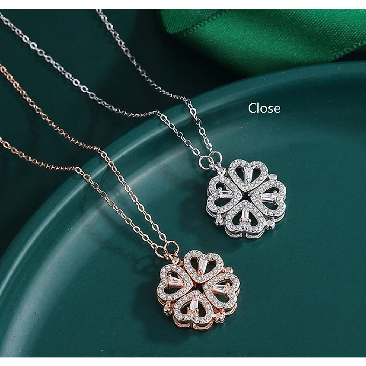 Lam Sence Sterling Silver Heart Shaped and Four Leaf Clover Convertible Pendant Necklace Crystals Jewelry for Women (Rose Gold)