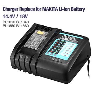 BL1830 Replacement Battery(2 Pack) 18V Li-ion 5000mAh Compatible with 194205-3 BL1815 BL1830 BL1845 LXT400 and DC18RC Replacement Fast Charger Compatible with Makita 14.4/18V Li-ion Battery