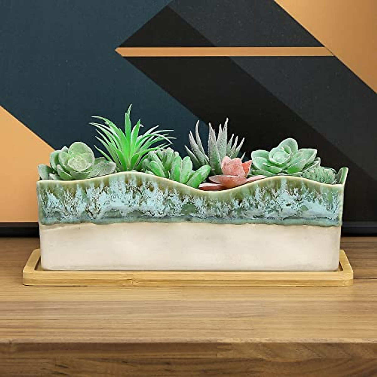 MyGift Rectangular Succulent Planter - Decorative Beige and Green Ceramic Glazed Plant Container Pot with Removable Bamboo Tray