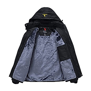 JINSHI Men Snow Jacket Windproof Waterproof Ski Jackets Winter Hooded Mountain Fleece Outwear (Black,L)