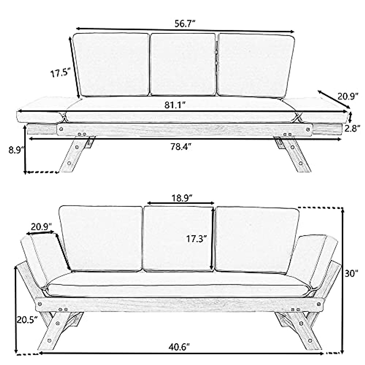 Harper & Bright Designs Adjustable Wooden Daybed Sofa Chaise Lounge, Expandable Patio Sectional Sofa with Gray Cushions for Decks, Poolsides, Balconies