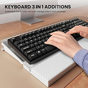 3 in 1 Keyboard Stand w/Wrist Rest and Storage Tray - Klearlook [Ultra Comfortable] PU Leather Wrist Pad & Acrylic Keyboard Riser, 16.9x7.3 inch Tilt Adjustable Computer Keyboard Stand Holder-White