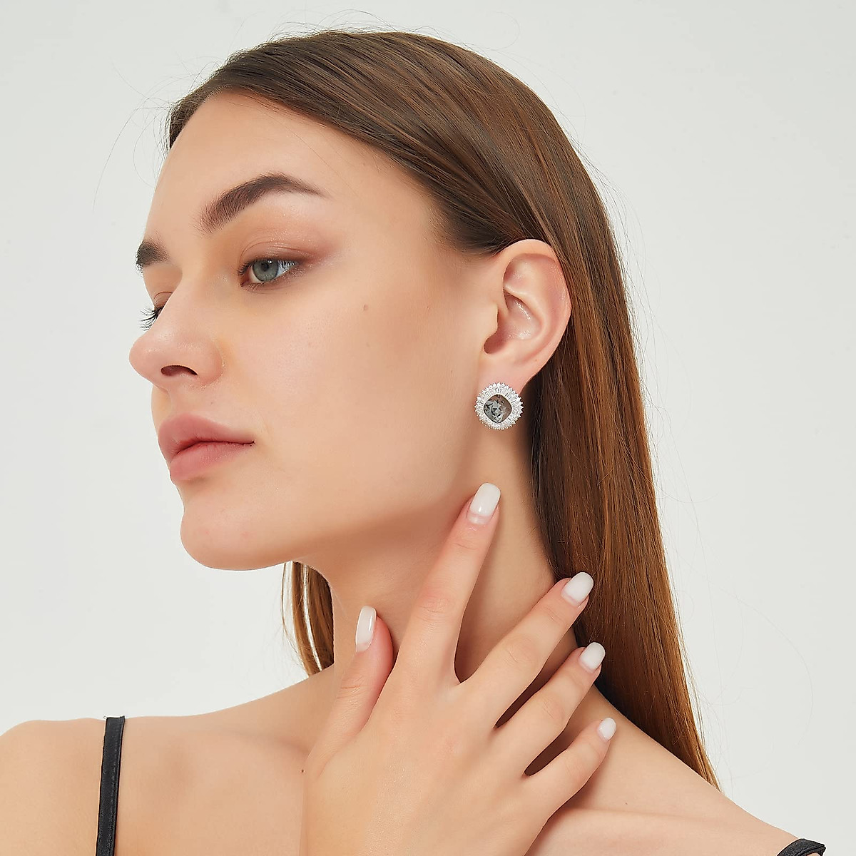 JECWVNZY Women's luxurious Square Grey Crystal Cubic Zirconia Halo Stud Earrings for Wedding Brides, Bridesmaids, Party, Prom